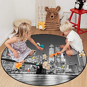 Round Area Rugs Children Crawling Mat Non-Slip Mat,New York Residential Carpet for Living Dining Room Kitchen Rugs Decor,Summer Night in Manhattan Brooklyn Bridge Park River Waterfront,3.3Ft(39In