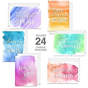 Canopy Street Watercolor Sympathy Cards / 24 Comfort And Peace Note Cards / 6 Colorful Designs With Blank White Envelopes / 4 5/8" x 6 1/4" Thinking Of You Greeting Cards