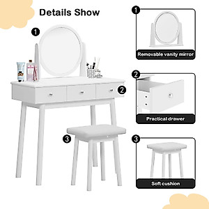 SogesHome Vanity Table Sets with Moveable Mirror and Padded Stool, Makeup Desk with 3-Drawers, Classic White Dressing Table Vanity Desk for Bedroom, Makeup Studio, Dormitory, White