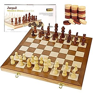 Juegoal 15" Wooden Chess & Checkers Set, 2 in 1 Board Games for Kids and Adults, with Felted Game Board Interior for Storage, Travel Portable Folding Chess Game Sets, Extra 24 Wooden Checkers Pieces