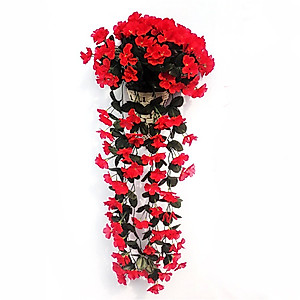 Takefuns 2Pcs Artificial Violet Flower Hanging Vine Garland, Wall Wisteria Basket, Simulation Rattan Plant for Outdoor Balcony Garden Party Wedding Decorations (Red)