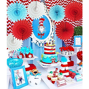 Dr Seuss Cat in The Hat Birthday Decorations Thing 1 and Thing 2 Decorations/Cat in The Hat Baby Shower Decorations/Turquoise Red Tissue Paper Fans for Circus Carnival Birthday Party Decorations