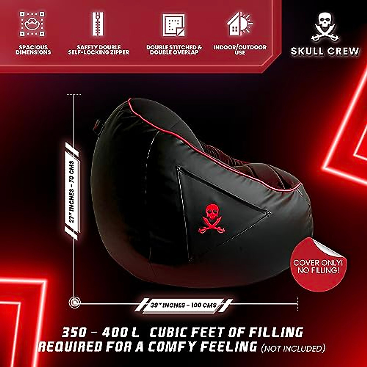 Skull Crew Bean Bag Cover [Cover ONLY, NO Filling] - Kids & Teens Gaming Chair - Floor Beanbag with XL Side Pocket & Hanger - Breathable Seat, Perfect for Bedroom, Dorm, Gaming Room - Soft & Stylish