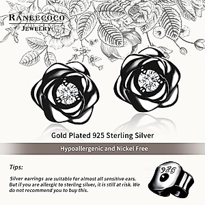 Black Gold Plated Sterling Silver Rose Flower Earring Studs, Hypoallergenic & Nickel Free Earrings for Women