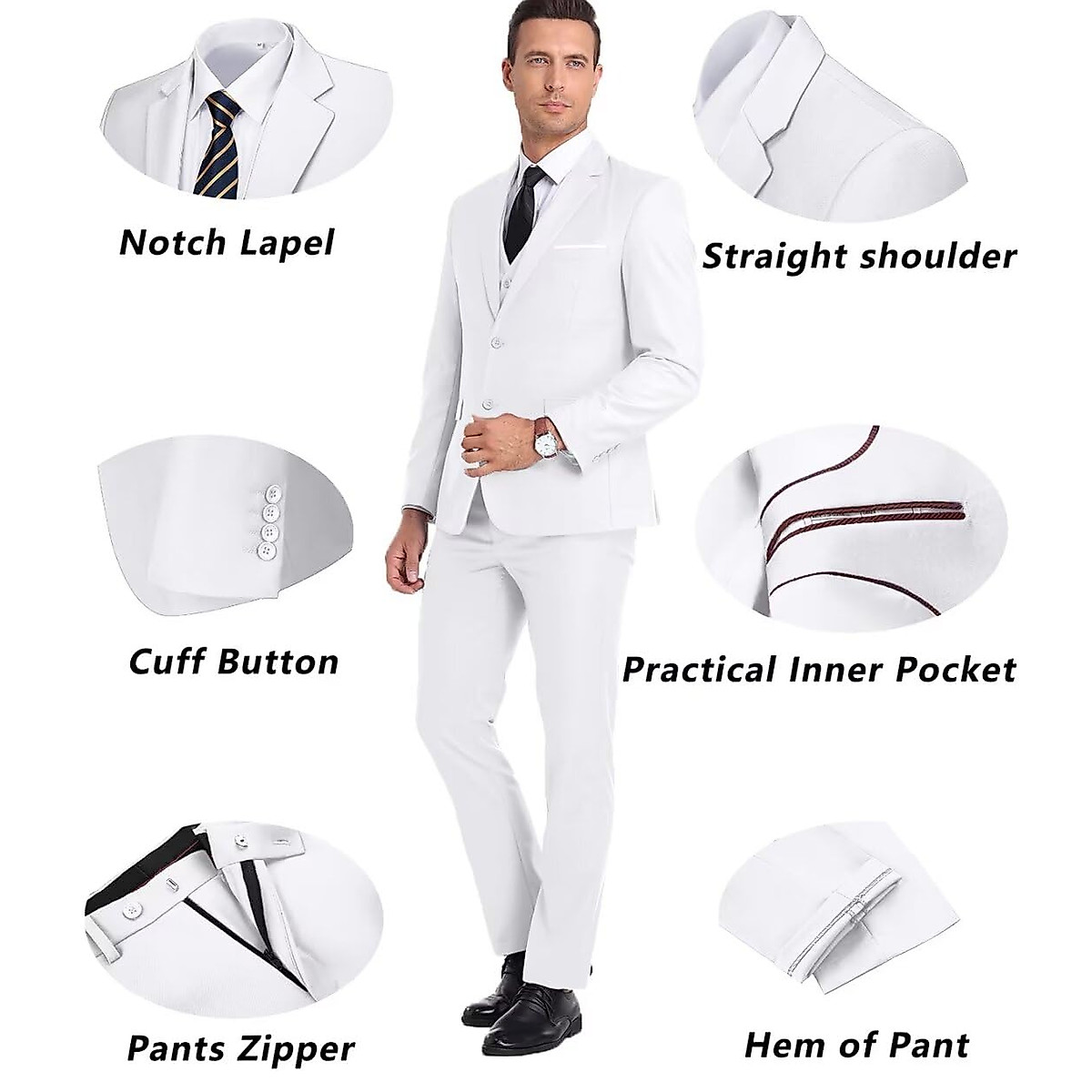 Suit for Men Two Button Slim Fit 3 Piece Mens Suit Wedding Prom Suits Blazer Tux Vest & Trousers White M