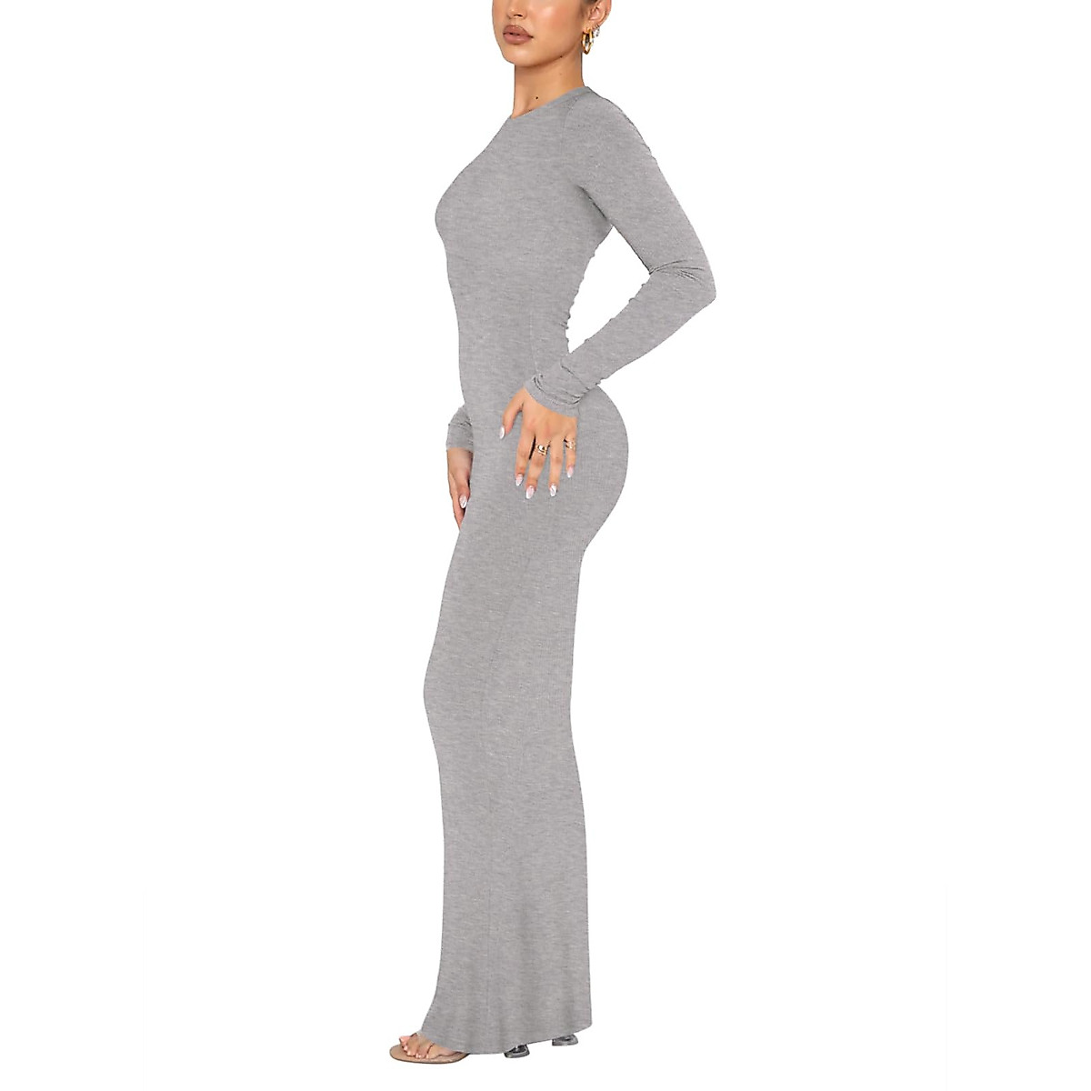 REORIA Women's Sexy Casual Crew Neck Lounge Slimming Long Dress Elegant Wedding Guest Long Sleeve Ribbed Bodycon Maxi Dresses Light Grey Small