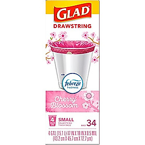 Glad OdorShield Small Drawstring Trash Bags, 4 Gallon Trash Bag, Febreze Cherry Blossom, 34 Count (Package May Vary)