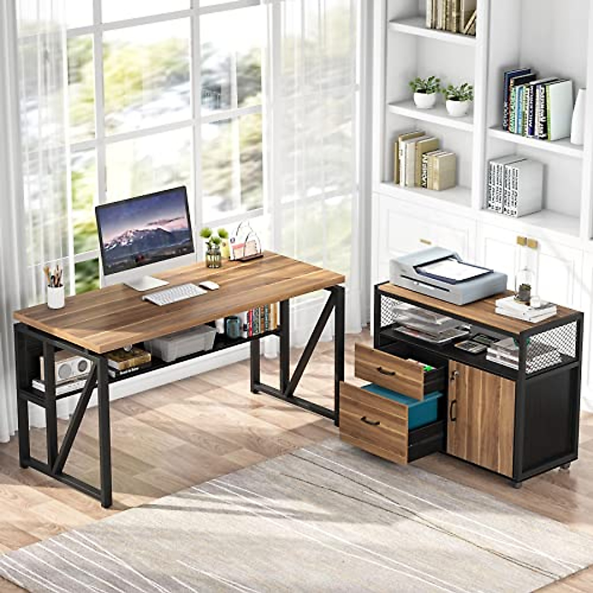 Tribesigns L Shaped Desk with Drawer Cabinet, 55" Executive Computer Desk and lateral File Cabinet, 2 Piece Home Office Furniture with Drawers for Hanging File, Doors with Locks (Dark Walnut+Black)