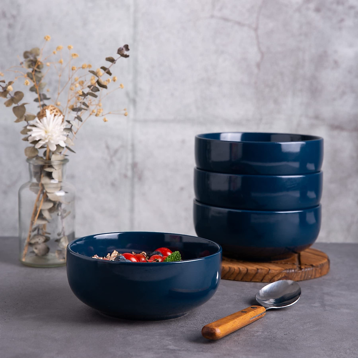 AmorArc Stoneware Cereal Bowls Set for kitchen, 22oz Ceramic Soup Bowls Set of 4 for soup cereal snacks meal, Microwave&Dishwasher Safe, Navy Blue
