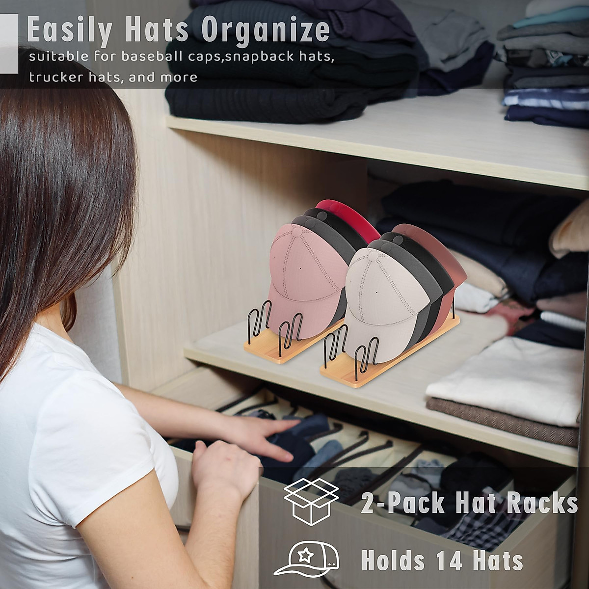 UdoUto 2 PCS Hat Organizer for Baseball Caps, Wood and Metal Hat Rack for 14 Caps, Baseball Hat Storage Organizer Hat Stand Holder, Hat Rack Shelf Display for Closet Bedroom Dresser