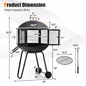 ORALNER Portable Fire Pit on Wheels, 27” Outdoor Wood Burning Firepit Cage w/Spark Screen Cover, Log Grate, Fire Poker, Steel Patio Firepit w/BBQ Grill for Outside Camping, Picnic, Backyard Bonfire