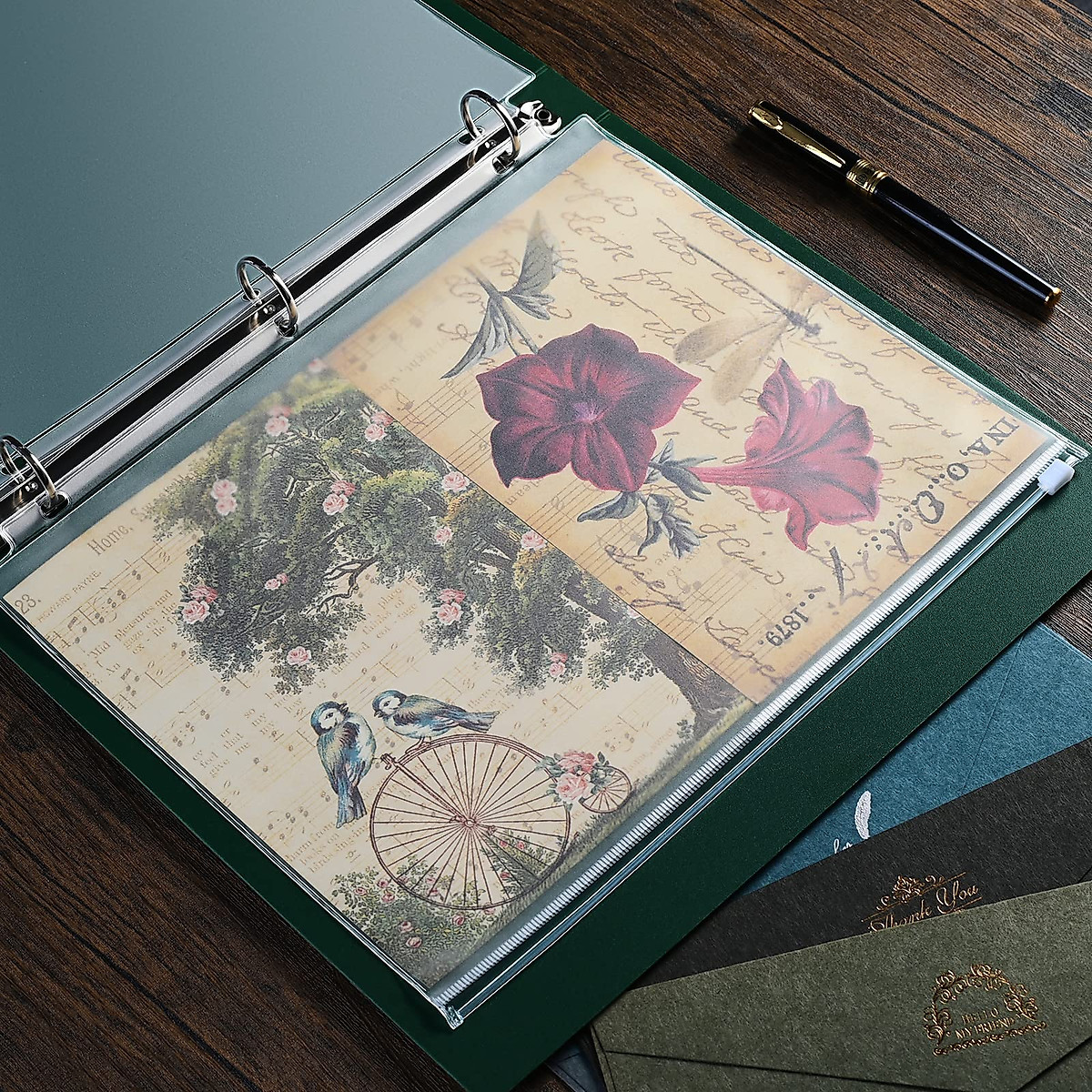 12 Packs Letter Size Binder Pockets, 3 Holes 11.4in x 9.5in Zipper Binder Folders for 3 Ring Binder, Waterproof Clear PVC Binder Pouch Loose Leaf Filing Document Bag