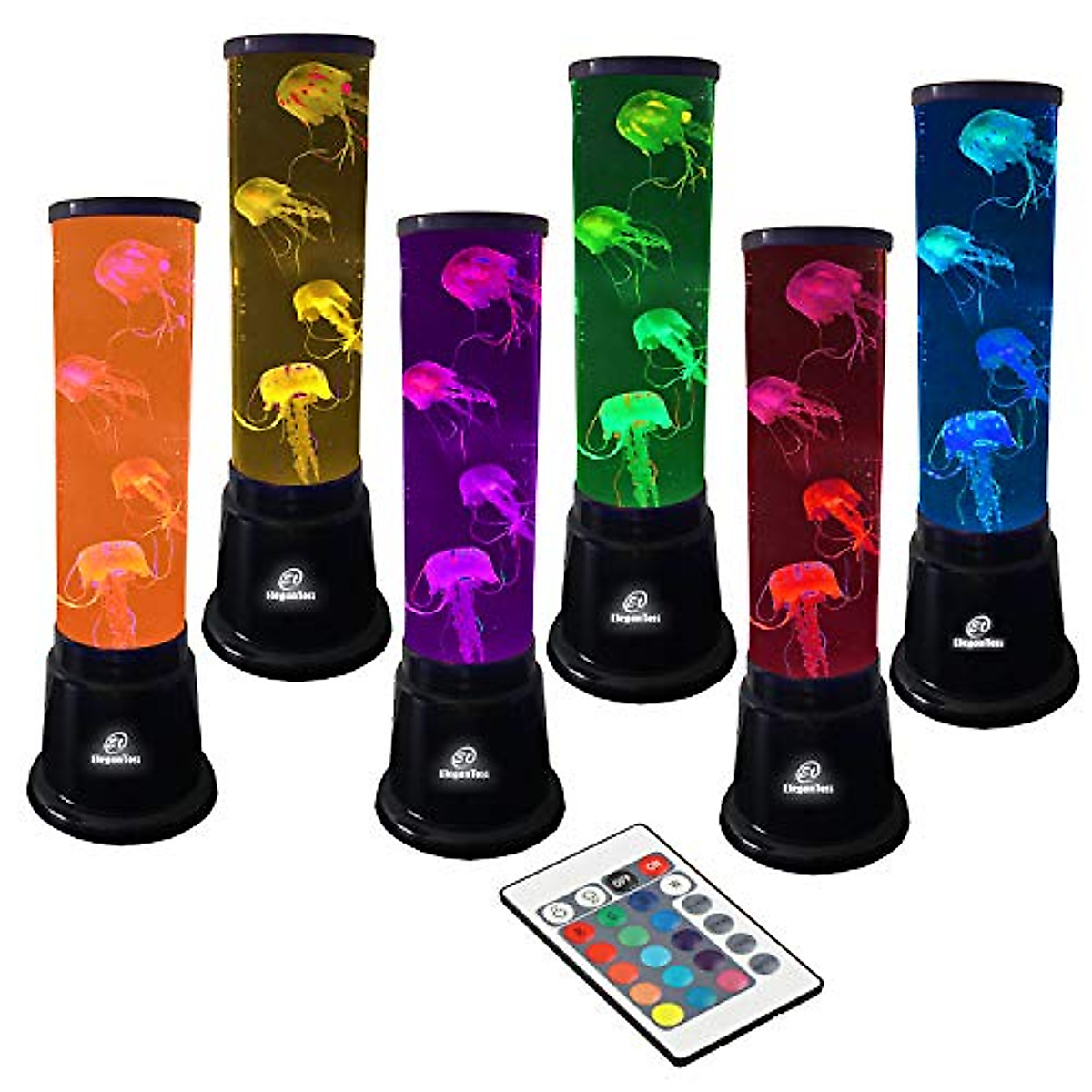 Elegantoss LED Round Jellyfish Lava Lamp with 7 Color Changing Light Effects, Remote. A Sensory Synthetic Jelly Fish Aquarium Tank 14 inches Tall Mood Lamp.