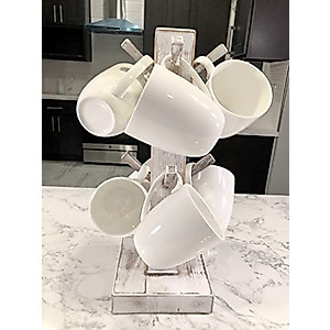 16" Solid Wood Coffee Mug Stand | Coffee Mug Tree | Coffee Mug Rack | Coffee Cup Holder | Adjustable / Removable Hooks | Holds 10 Mugs | Collapsible for Storage | Jewelry / Watch Organization (White)