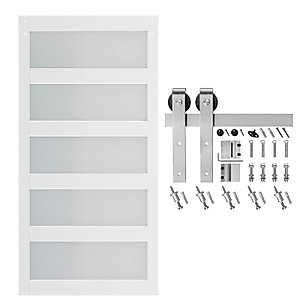 SmartStandard 42 x 84 inch Glass Barn Door with 7FT Brushed Nickel Sliding Hardware Track Kit, Waterproof PVC Coating, White, 5-Panel Glass