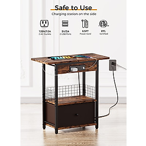 GiveBest End Table with Charging Station, Narrow Side Table with USB Ports and Outlets, Sofa Couch Table for Small Spaces, Slim Bedside Table Nightstand with Storage for Living Room Bedroom Office
