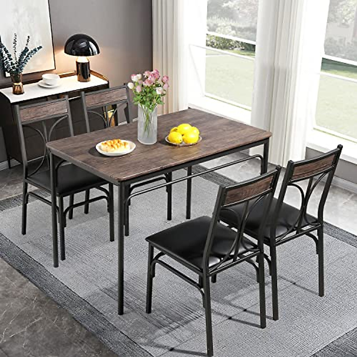 VECELO 5 Piece Kitchen Set Room,Dinette,Breakfast Nook,Industrial Style, Dining Table for 4, Retro BRN