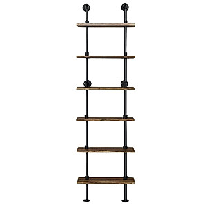 Liviza 6-Tier Pipe Wall Mounted Shelf, Rustic Vintage Industrial Bookcase, Wood Storage Bookshelf for Living Room, Apartment, Small Space