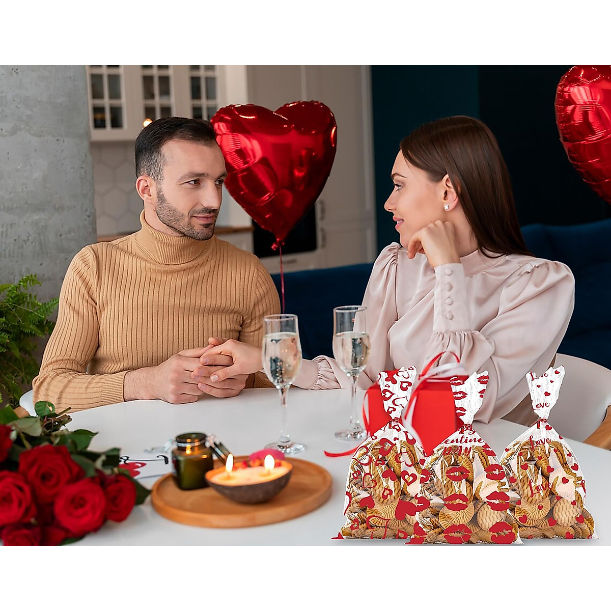 Hying 150 PCS Happy Valentine's Day Cellophane Bags with Twist Ties for Gifts, Love Heart Kiss Cello Treat Bages Valentines Treat Bags for Cookie Candy Goodies Wrapping Supplies