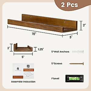 FLYJOE Picture Ledge Wall Shelves 16 inch Width Set of 2, Solid Pine Wood Rustic Floating Ledge Shelves for Wall for Kids' Room Bedroom Kitchen Bathroom Living Room Nursery Display Wall Decor, Walnut
