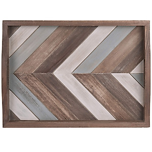 MyGift 16 Inch Rustic Brown Wood Serving Tray with Handles and Multicolored Chevron Design, Ottoman Decorative Tray