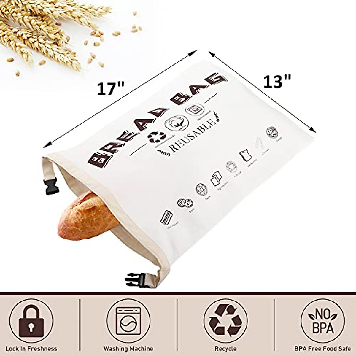 ZOOFOX Set of 2 Bread Bag, Waterproof Reusable Linen Cotton Bread Bags, Fresh-keeping Homemade Bread Container Bag with Double Lining for Large Loaf, Baguette, Food, Gift Giving, 17" x 13"