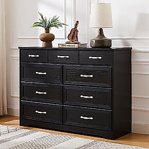 MengK Bedroom Dresser, 9 Drawer Long Dresser with Antique Handles, Wood Chest of Drawers for Kids Room, Living Room, Entry and Hallway, Black, 47.2'' W x 15.8'' D x 34.6'' H.