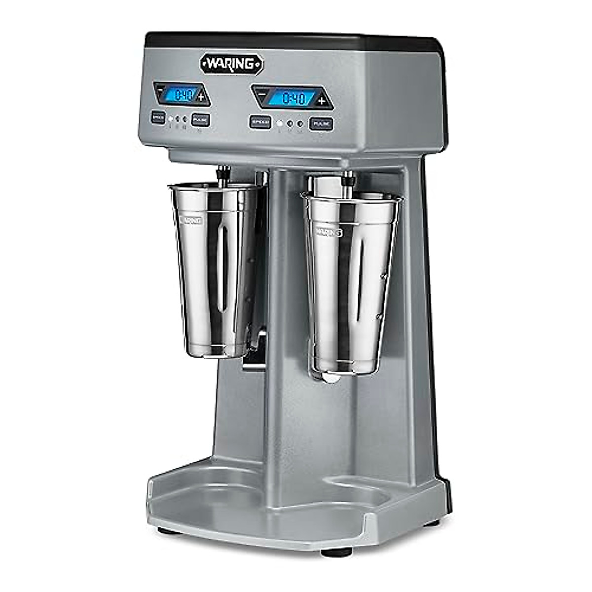 Waring Commercial WDM240TX Heavy-Duty Double Spindle Drink Mixer, Each Spindle Has Independent 1hp Motor, with Countdown Timer, Digital Display, Automatic Start/Stop, 120V, 5-15 Phase Plug, Silver