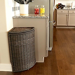 The Basket Lady Corner Wicker Trash Basket with Removable Metal Liner, 15 in L x 15 in W x 26 in H, Antique Walnut Brown