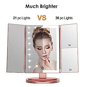 WEILY Lighted Vanity Makeup Mirror 1x/2x/3x Magnification Trifold with 36 LED Lights Touch Screen and USB Charging, 180 Degree Adjustable Stand for Countertop Cosmetic Makeup Mirror(Rose Gold)