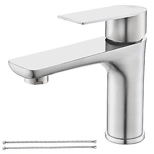 Single Hole Bathroom Faucet, Stainless Steel Bathroom Faucets, Brushed Nickel Commercial Bathroom Sink Faucet,Single Handle Bathroom Sink Faucet with Supply Lines, BF019L