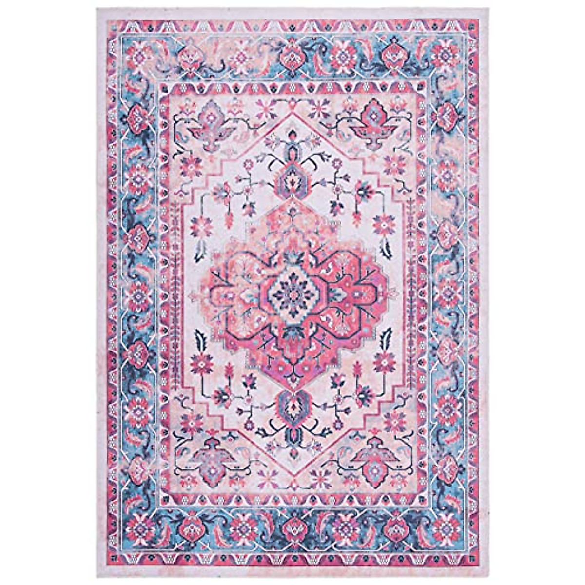 SAFAVIEH Serapi Collection Machine Washable 4' x 6' Ivory/Light Blue Boho Chic Oriental Medallion Living Room Bedroom Dining Area Rug