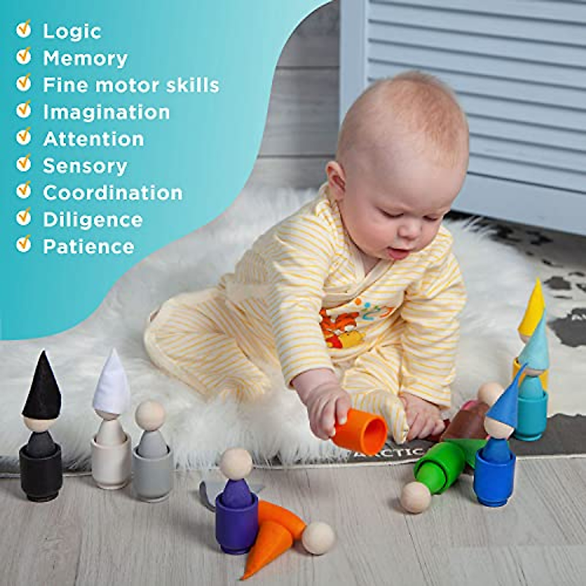 Ulanik Large Peg Dolls in Cups with Hats Toddler Montessori Toys for 3 Year Old + Wooden Waldorf Dolls for Learning Color Sorting and Counting — 12 Gnomes