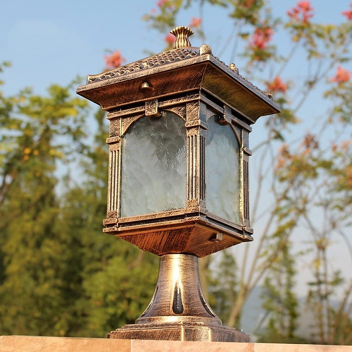 MODEBHD European Copper Column Lamp Outdoor Waterproof Garden Table Lamp Glass E27 Decoration Illumination Bollard Lamp Terrace Balcony Corridor Aisle Lighting Fixture Street Post Lamp