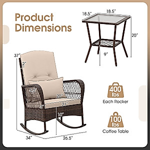 RELAX4LIFE 3-Piece Rocking Bistro Set - Rattan Wicker Rocking Chairs w/2-Tier Coffee Table, Cushions & Pillows, Conversation Rocker Set for Porch Garden Backyard, Outdoor Patio Furniture (Beige)
