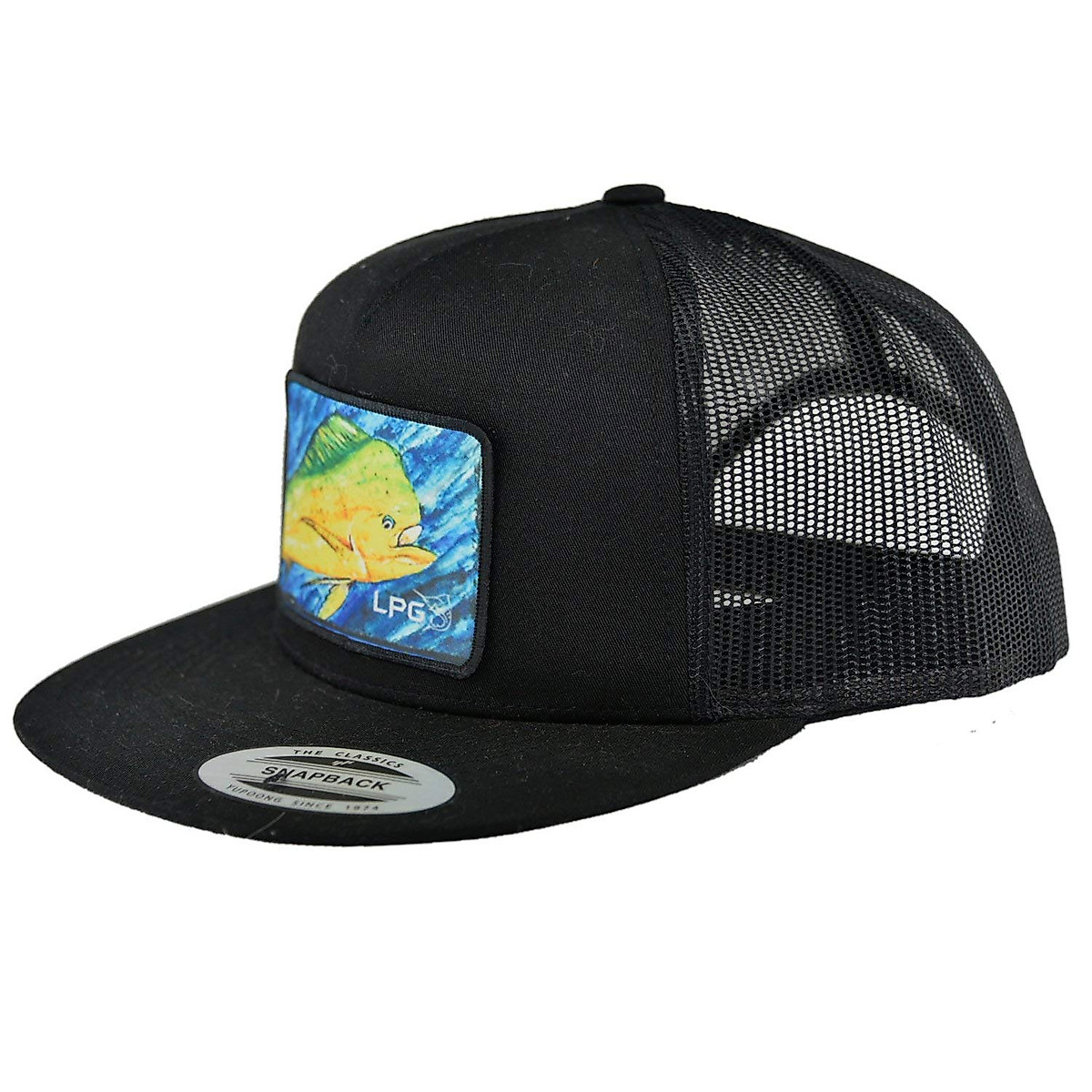 LPG Apparel Co. Mahi Vibes Cali Style Snapback Flat Brim Fishing Art Patch Series Baseball Hat Black, Large