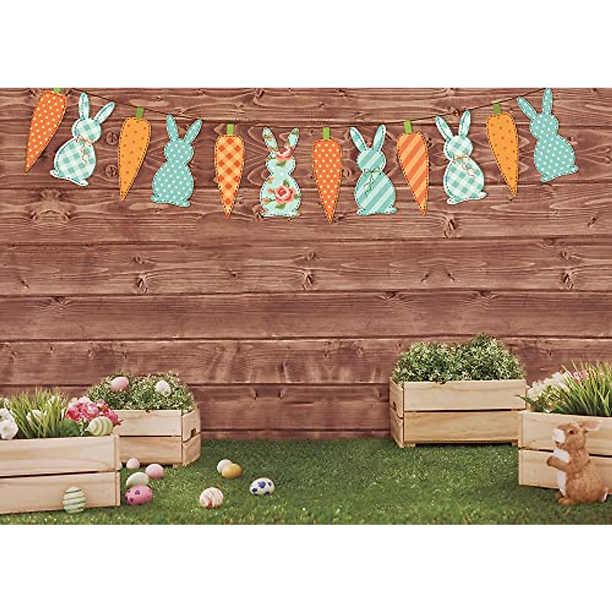 Happy Easter Backdrop Spring Rabbit Carrot Green Grass Eggs Baby Shower Backdrop Brown Wooden Wall Easter Party Decoration (7x5ft)