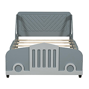 BEDGJH Twin Size Bed Frame for Kids, Classic Car-Shaped Platform Bed with Wheels, Floor Bed Frame, Sturdy Wooden Slats, No Box Spring Needed, Easy Assembly (Gray, Twin)