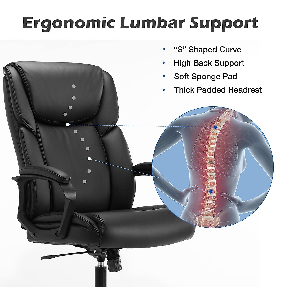 JHK Home Office Chair Ergonomic Executive Desk with 360°Swivel Wheels, PU Leather Computer with Lumbar Support, Height Adjustable with Armrest, Black