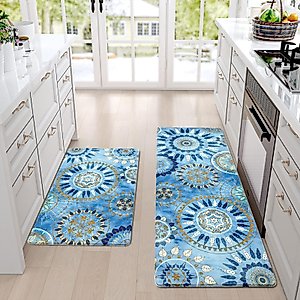 FRAMICS Boho Kitchen Rugs and Mats Cushioned Anti-Fatigue Kitchen Rug, Waterproof Non-Slip Kitchen Mats and Rugs, Memory Foam Bohemian Kitchen Floor Mat for Home Office Laundry, 18" x 48" + 18" x 30"