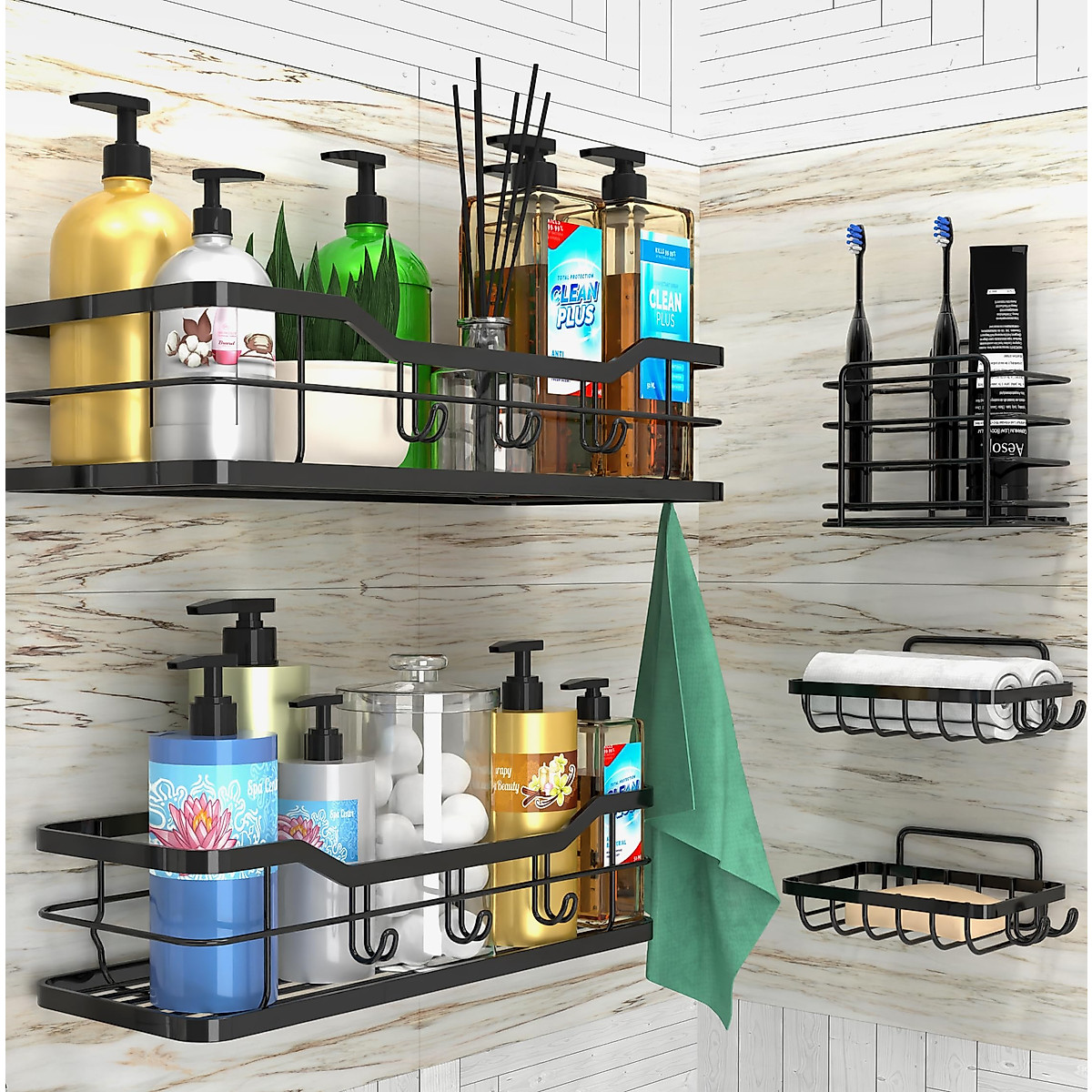 BIG TOMATO Shower Caddy, 5Pcs Self Adhesive, Rustproof Black Bathroom Shower Organizer w/ 8 Hooks, Soap Bar Holder & Toothbrush Holder, Drill-Free Shower Racks Organization & Kitchen Storage