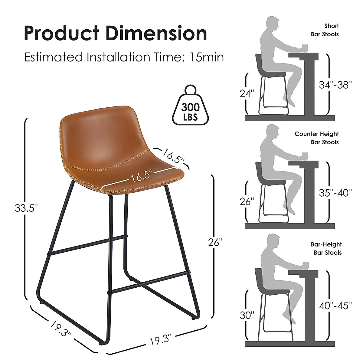 Soohow 26 Inch Counter Height Bar Stools Set of 4, Comfortable Kitchen Island Stools with Back Support, Waterproof Leather Upholstered Modern Chairs for Home Bar Furniture and Kitchen Counter