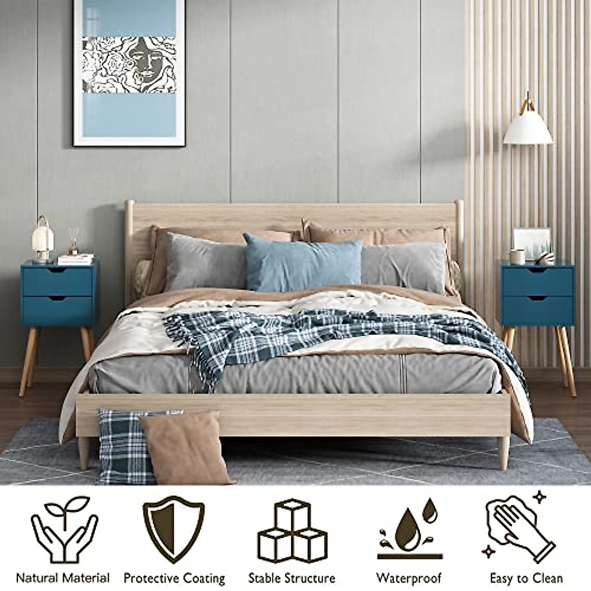 JAXPETY Nightstands Set of 2, Night Stand with Drawers, Bedside Tables with Solid Wood Legs and Large Storage Space, End Table, Side Table, for Bedroom, Blue