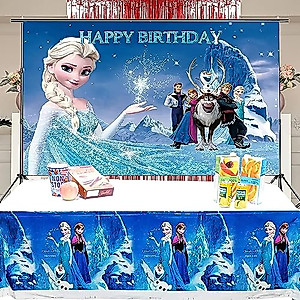Frozen Elsa Princess Happy Birthday Party Decorations Supplies Girls Birthday Party Wall Backdrop and Tablecloth Photography Background Photo Banner for Kids Birthday Party