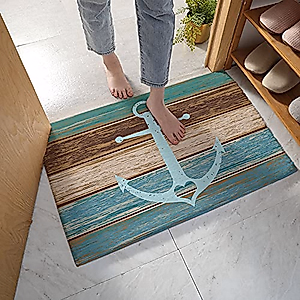 Shag Door Mats Bath Rugs Marine Anchor Blue Turquoise,Soft Fluffy Plush Doormats Non Slip Carpet Nautical Farm Vintage Brown Wooden,Shaggy Fuzzy Area Throw Rug for Kitchen/Bathroom 18x30in