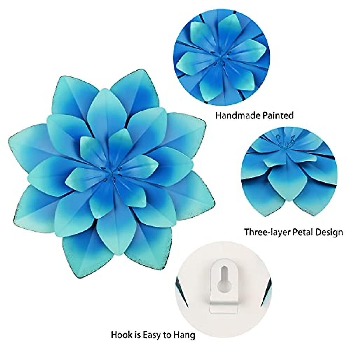 YIYA 13" Metal Flower Wall Decor Multiple Layer Flower Wall Art Wall Art Decorations Hanging for Balcony Patio Porch Bedroom Living Room Garden (Sky Blue)