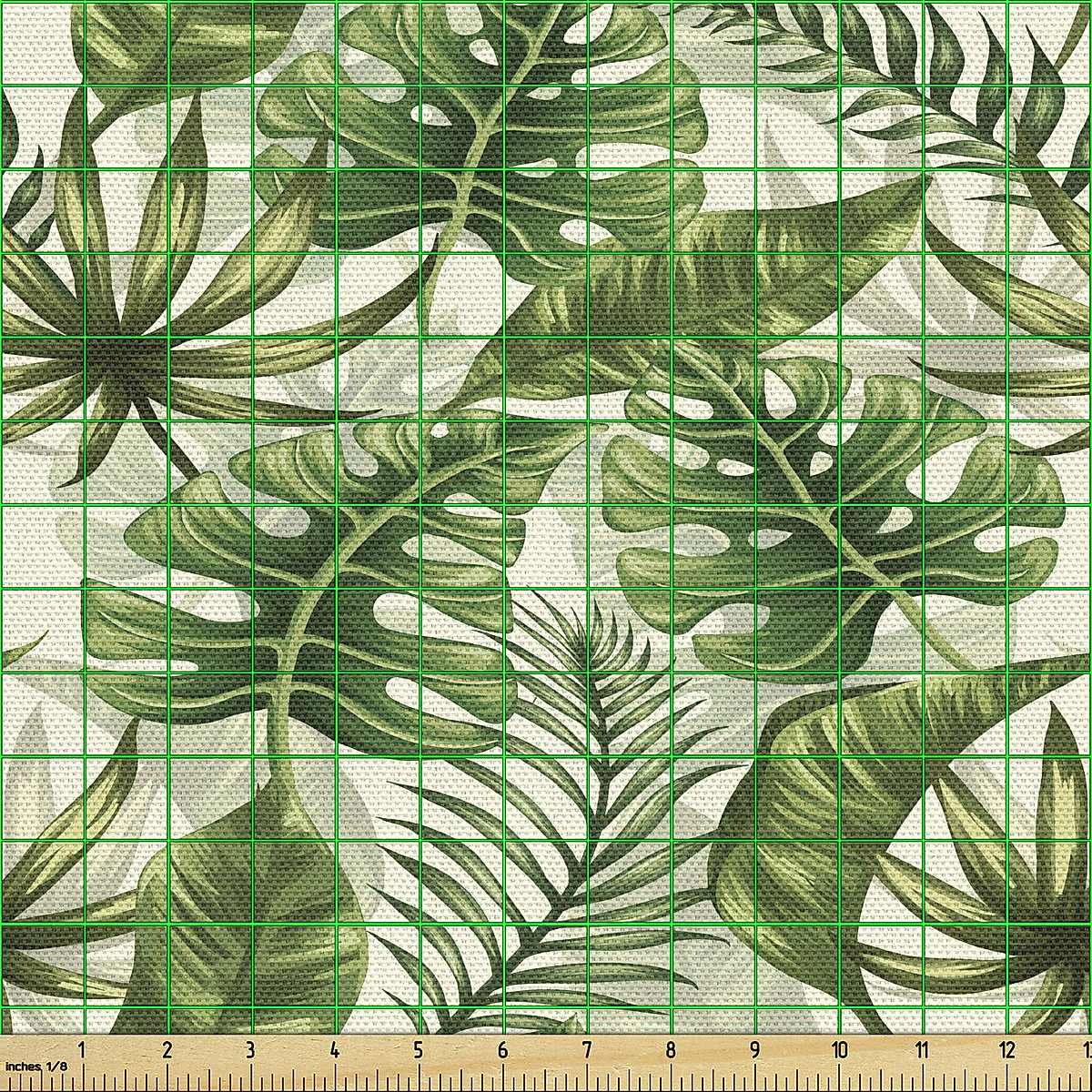 Lunarable Tropical Fabric by The Yard, Rainforest Island Jungle Foliage Pattern Green Leaves Retro Nature, Decorative Fabric for Upholstery and Home Accents, 1 Yard, Olive Green