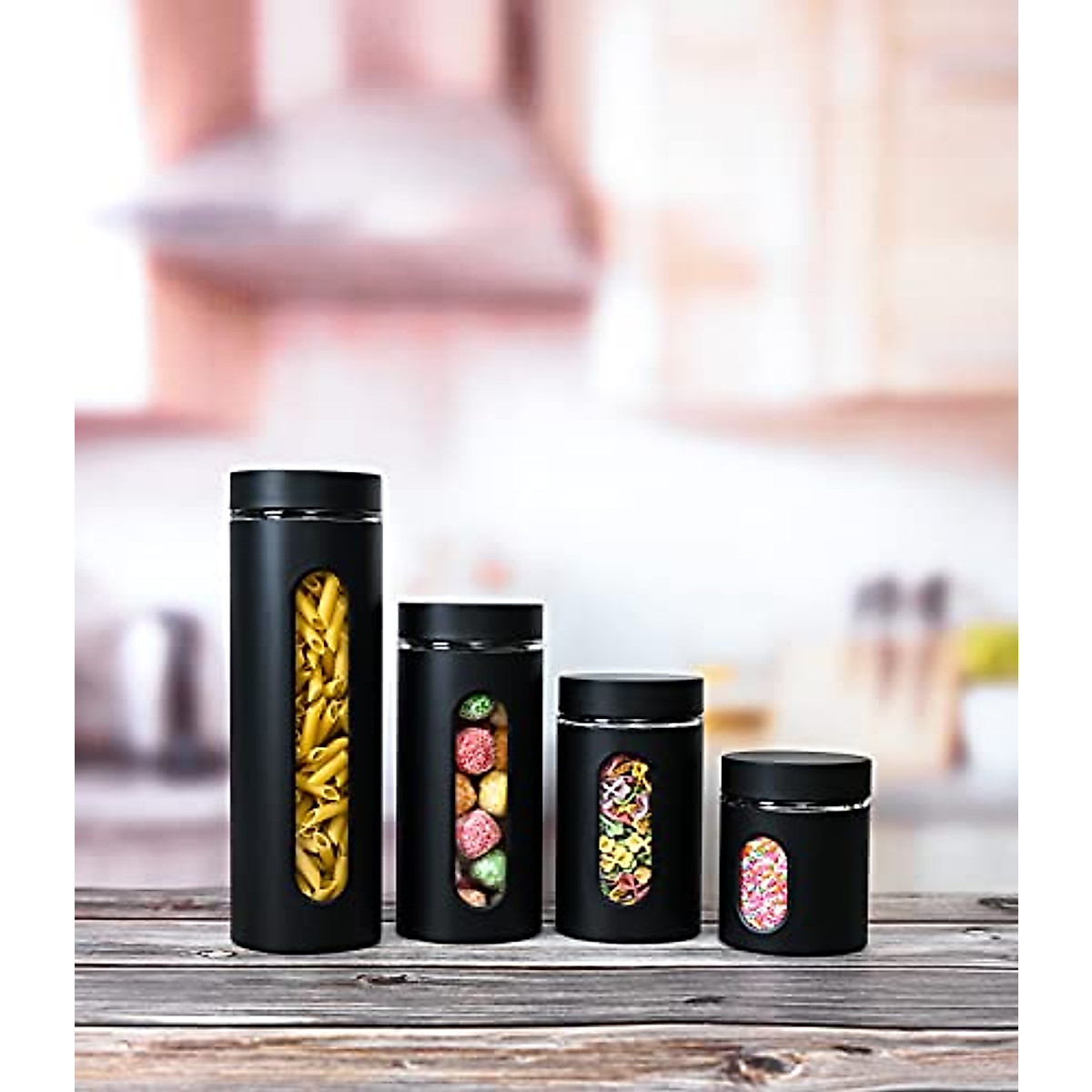 Quality Modern Black Stainless Steel Canister Set for Kitchen Counter with Glass Window & Airtight Lid - Food Storage Containers with Lids Airtight - Pantry Storage and Organization Set