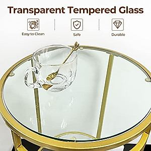 Rolanstar End Table with Charging Station, Round Side Table with Double Glass Shelves & Metal Frame, Small Coffee Accent Table, Modern Nightstand Bedside Table for Living Room, Bedroom, Gold