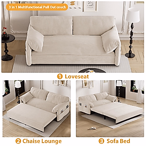 Wrofly 3 in 1 Convertible Sleeper Sofa Couch with Pullout Bed, 63.8" Oversized Velvet Pull Out Loveseat Sofa with Storage, Modern 2 Seater Futon Bed for RV, Living Room, Small Spaces, Beige White